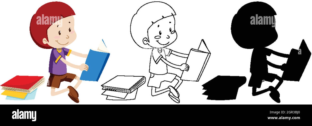 Kid reading the book in colour and outline and silhouette Stock Vector ...