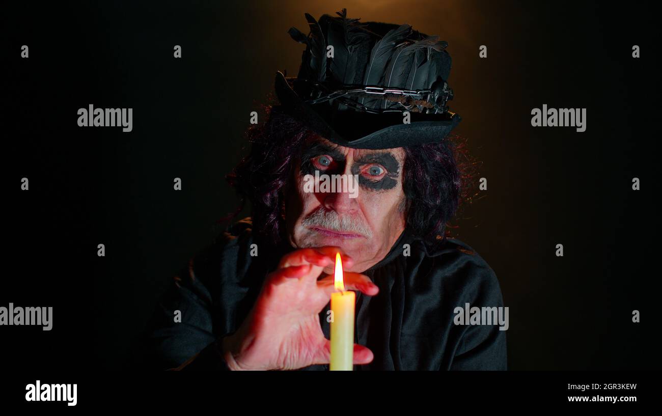 Sinister Old Mature Man In Carnival Costume Of Halloween Witcher Making