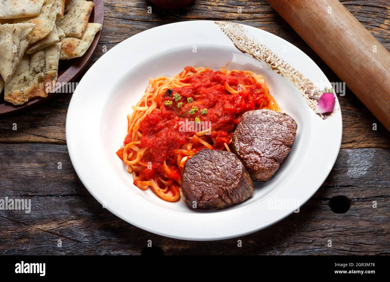 Filet mignon with pasta food Stock Photo - Alamy