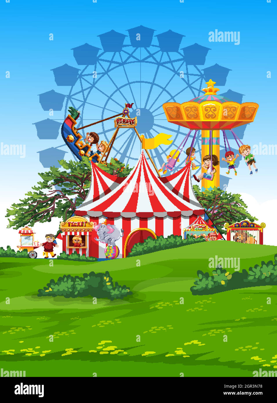 Cartoon amusement park with ferris wheel and kids playground Stock ...
