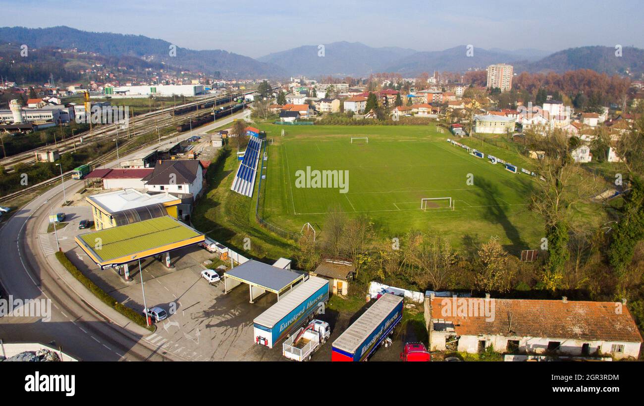 Aerial view of a soccer field surrounded by buildings Stock Photo - Alamy