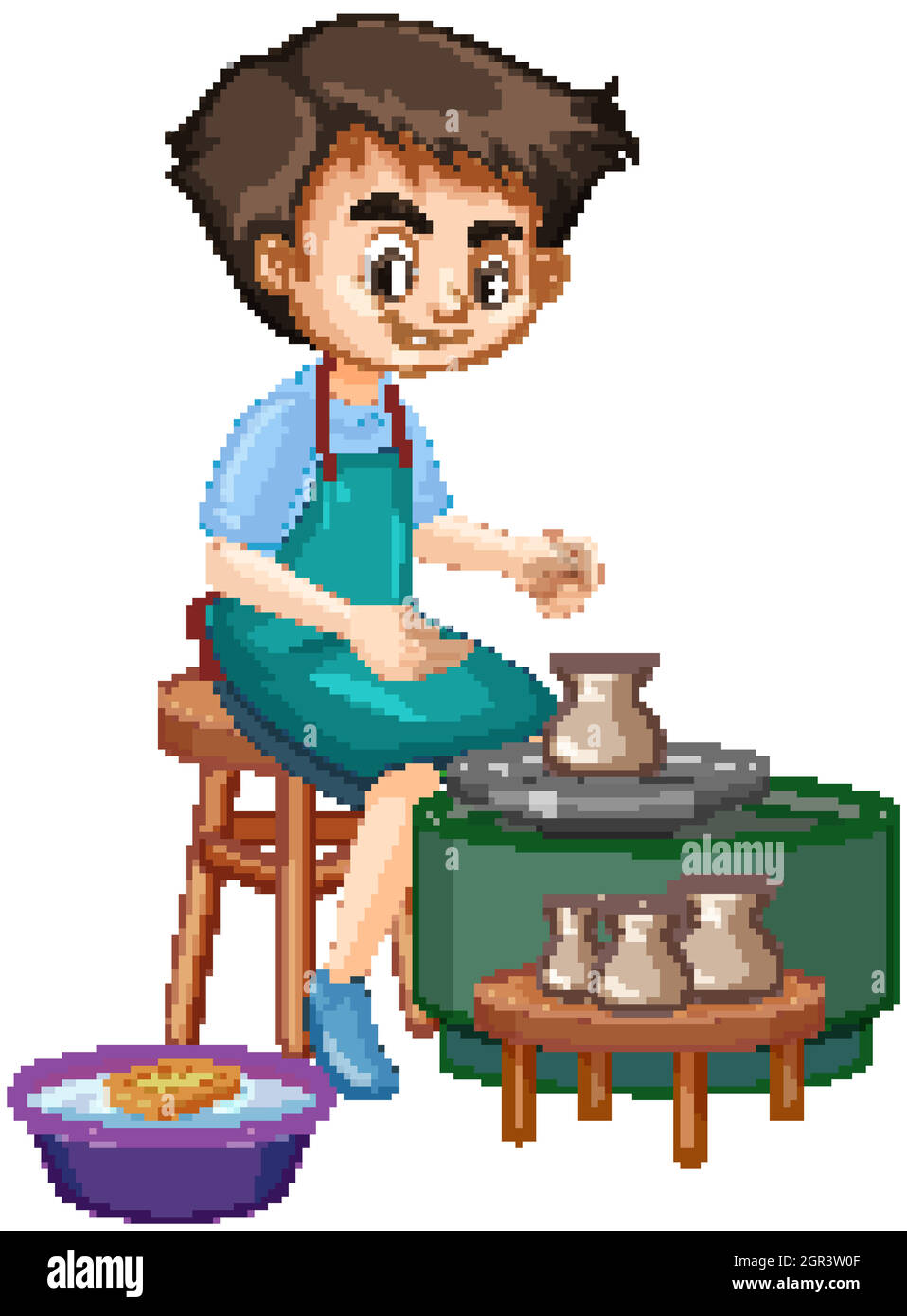 Cartoon character boy making pottery clay on white background Stock ...
