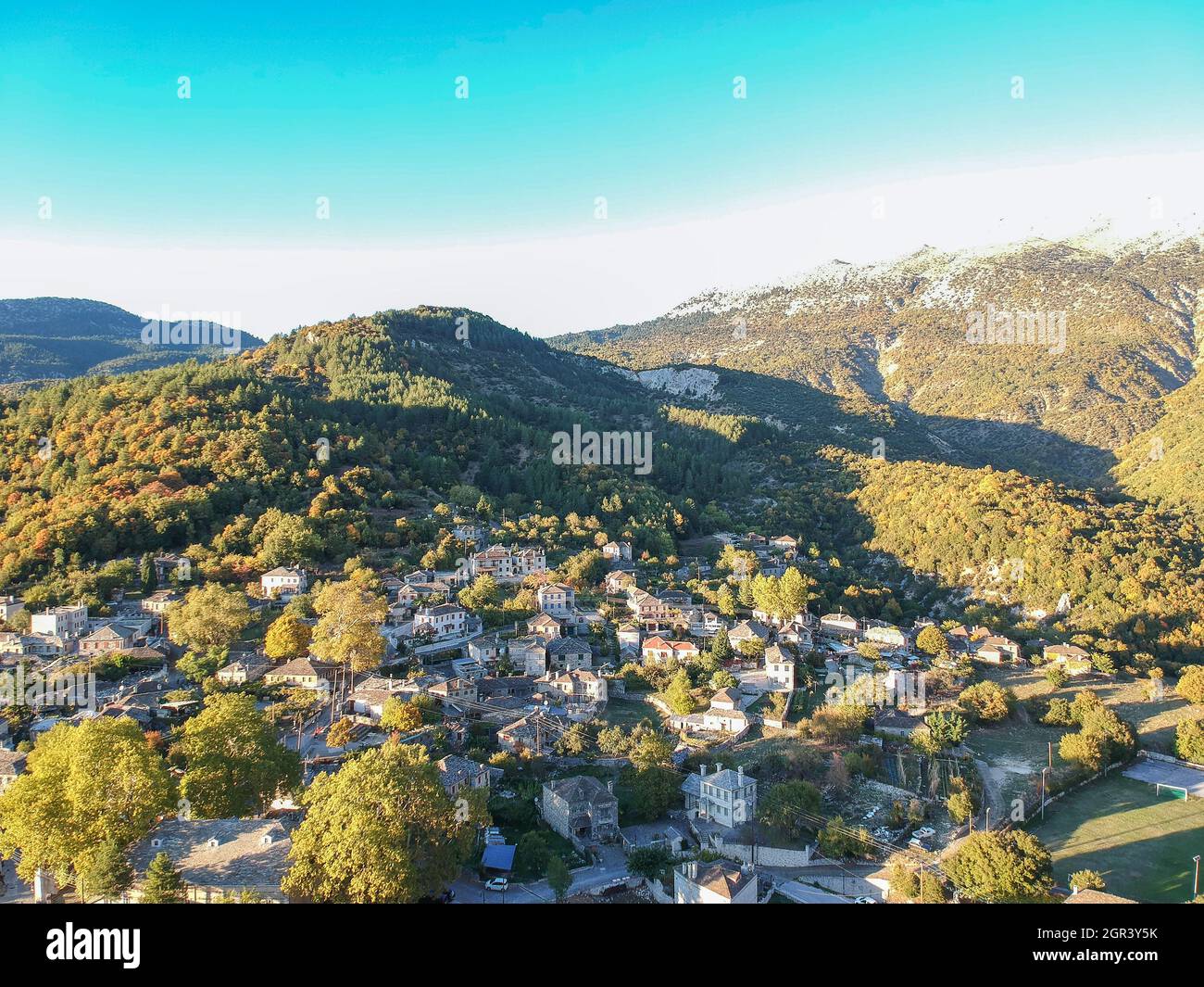 Aerial panoramic view over the picturesque village Papigo in Epirus ...