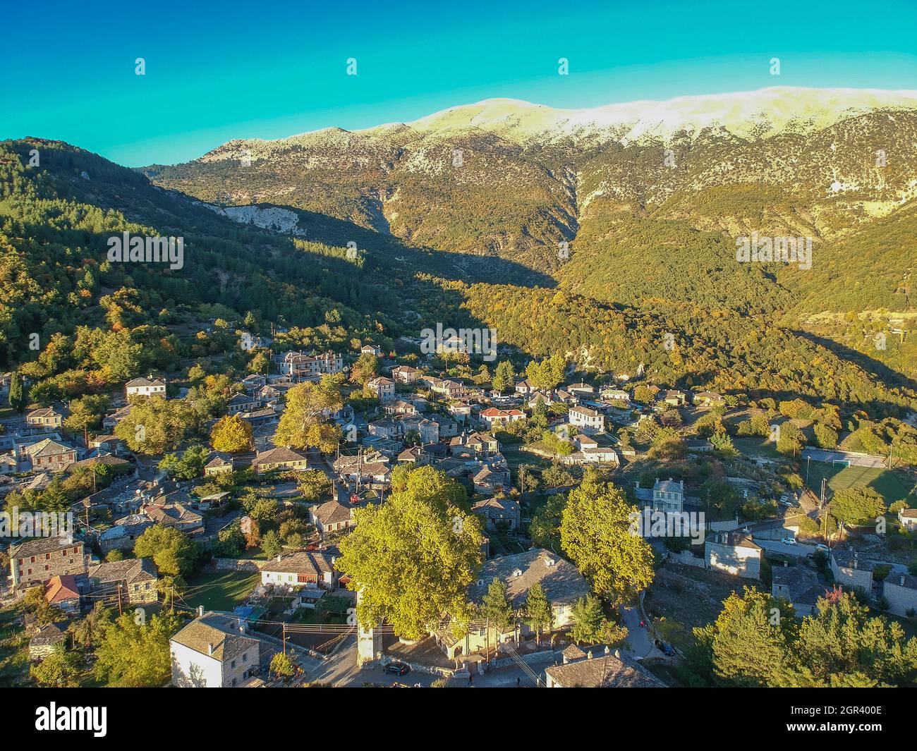 Aerial panoramic view over the picturesque village Papigo in Epirus ...