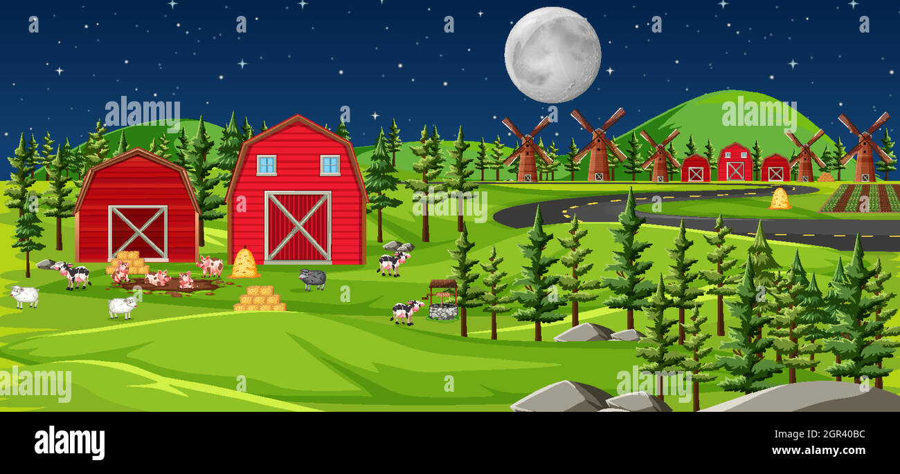 Farm nature with barns landscape at night scene Stock Vector Image ...
