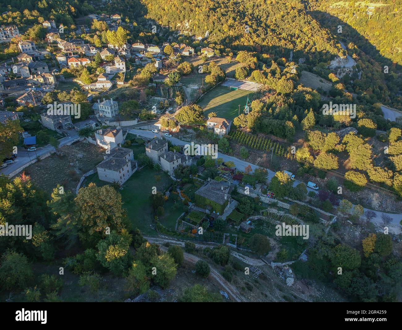 Aerial panoramic view over the picturesque village Papigo in Epirus ...