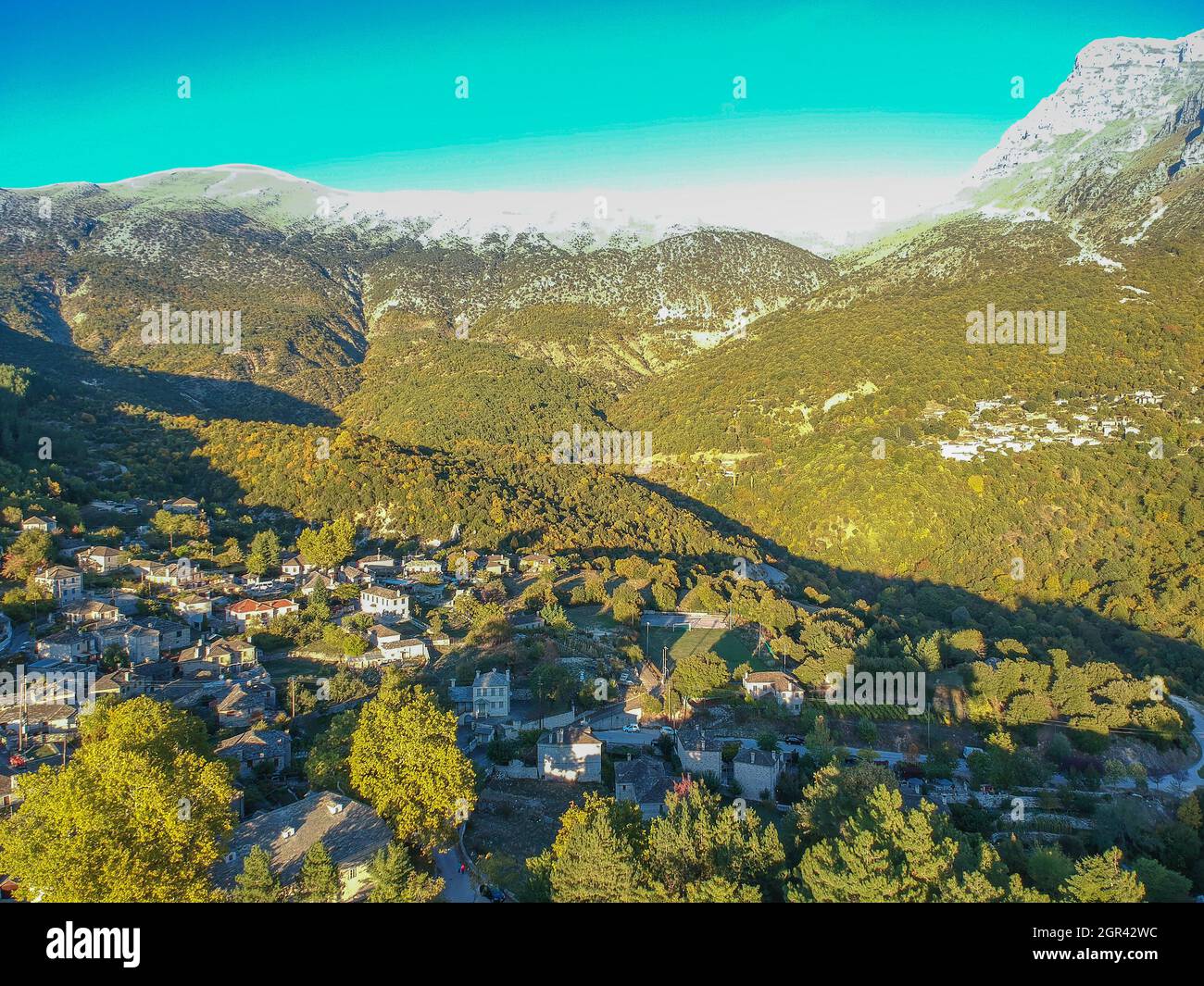 Aerial panoramic view over the picturesque village Papigo in Epirus ...