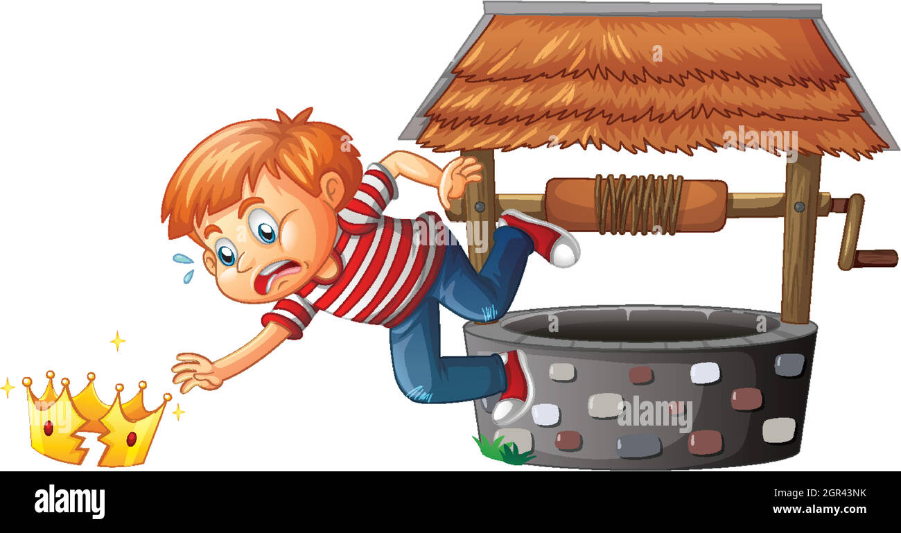 A boy with broken crown and stone well on white background Stock Vector ...