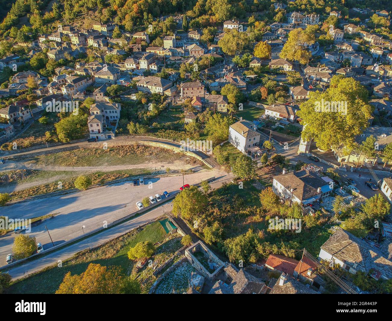 Aerial panoramic view over the picturesque village Papigo in Epirus ...