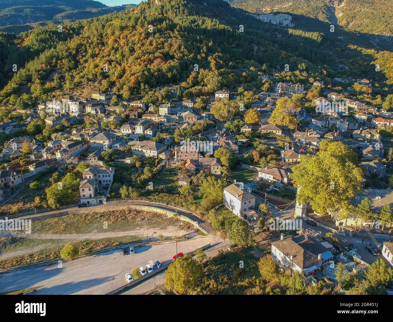 Aerial panoramic view over the picturesque village Papigo in Epirus ...