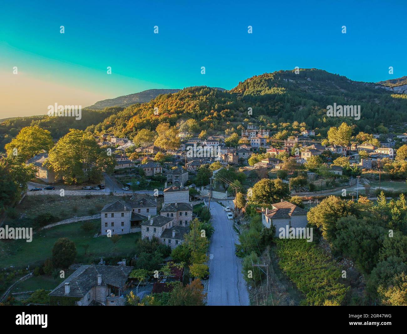 Aerial panoramic view over the picturesque village Papigo in Epirus ...
