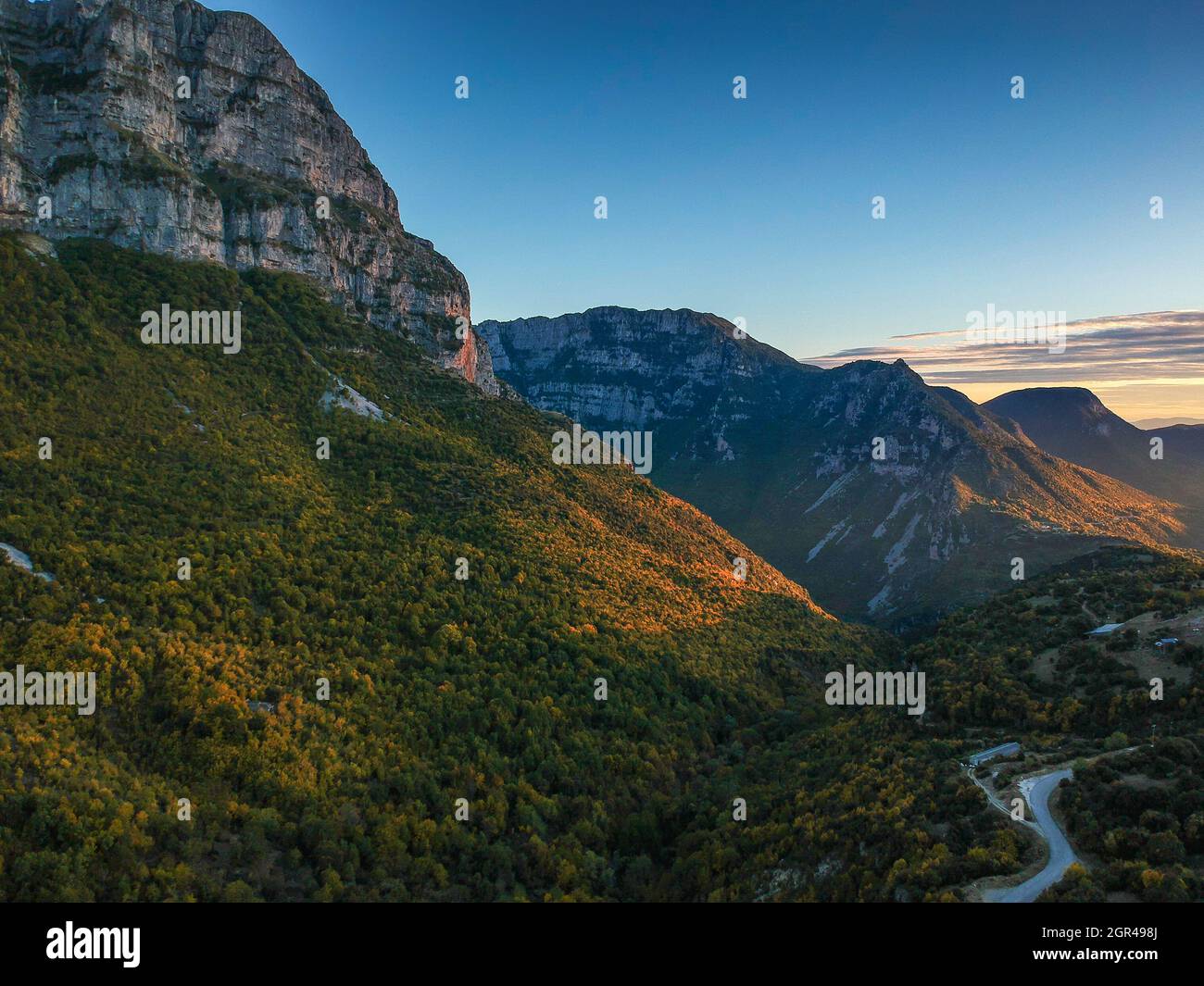 Aerial panoramic view over the picturesque village Papigo in Epirus ...
