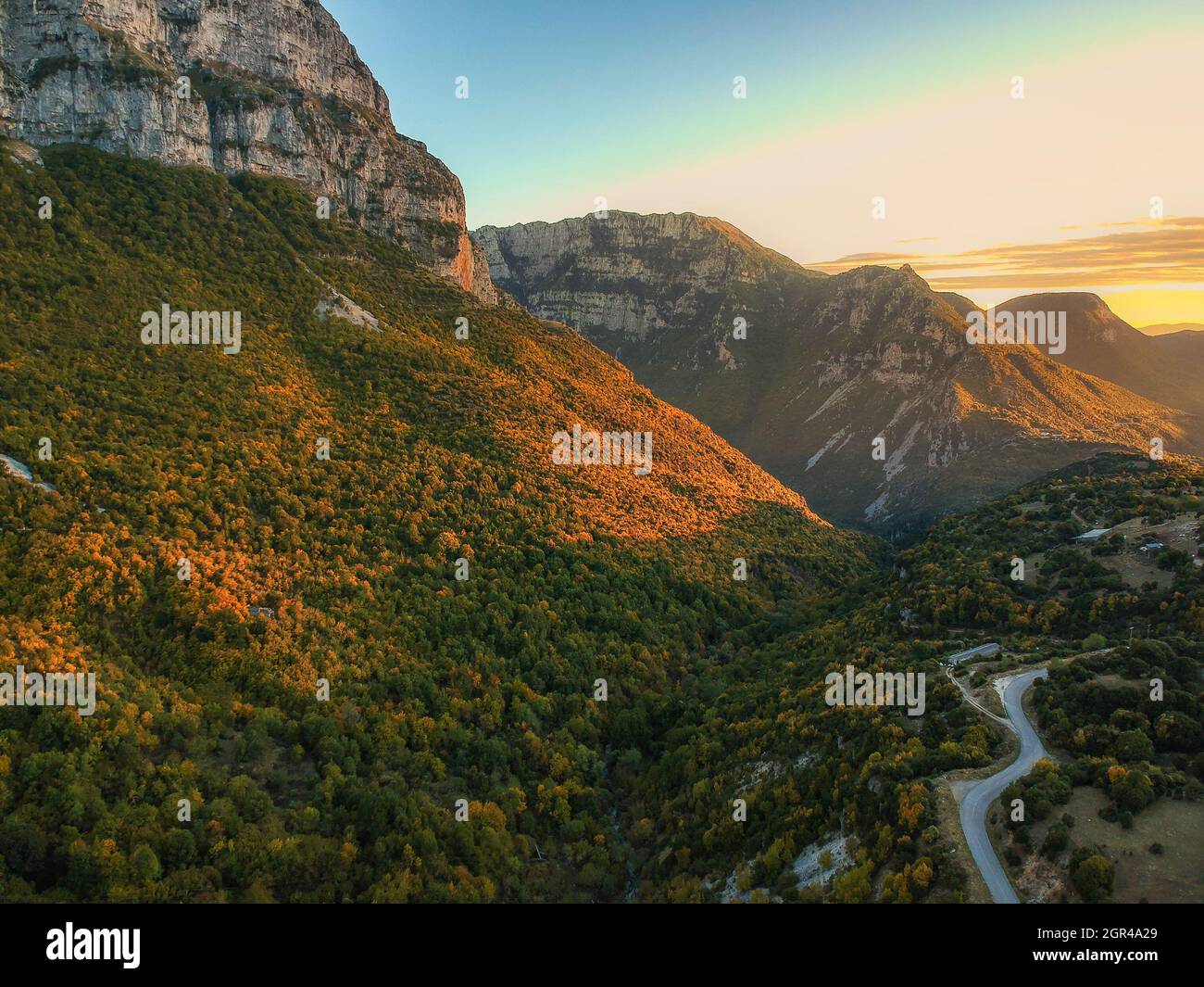Aerial panoramic view over the picturesque village Papigo in Epirus ...