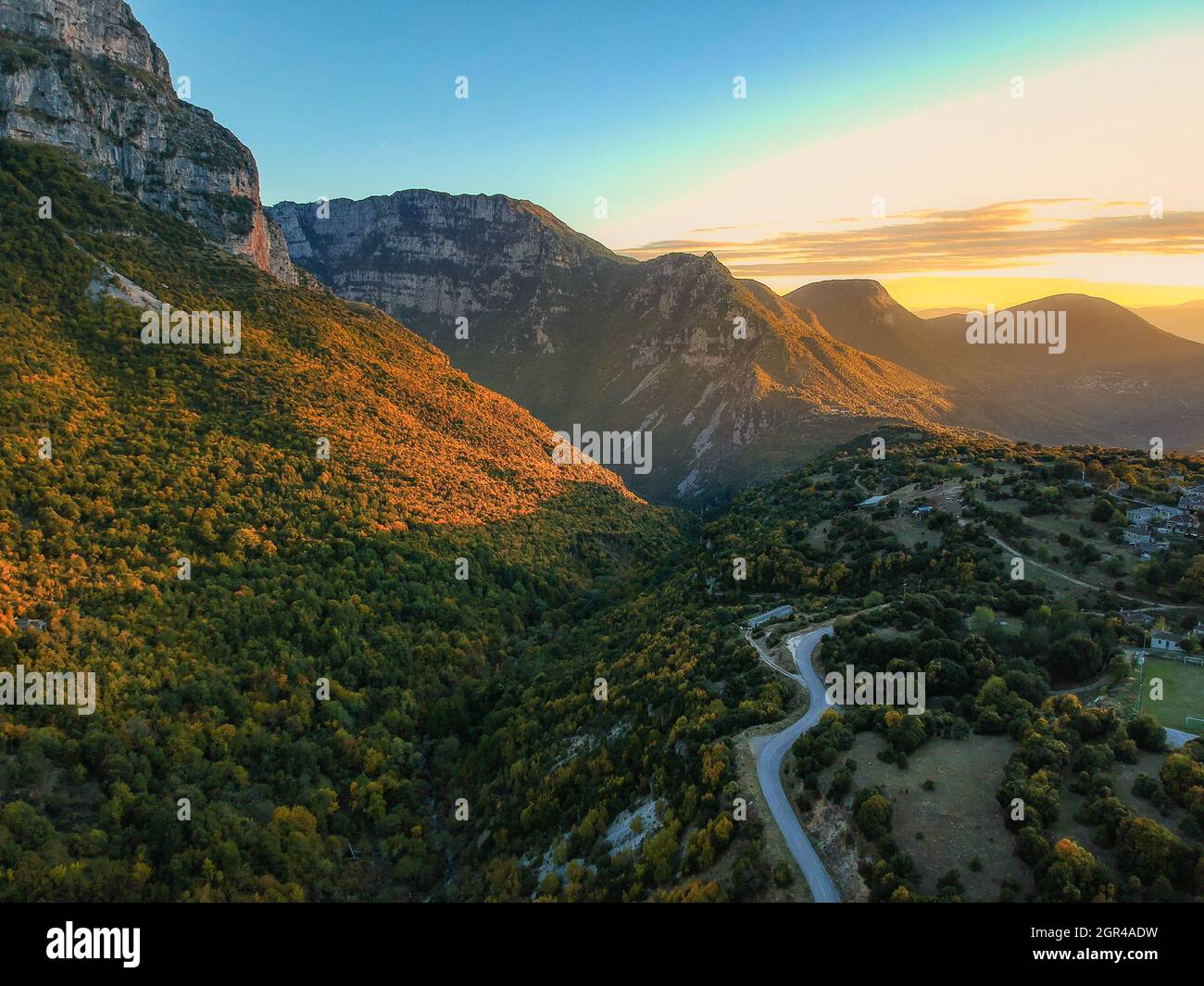Aerial panoramic view over the picturesque village Papigo in Epirus ...
