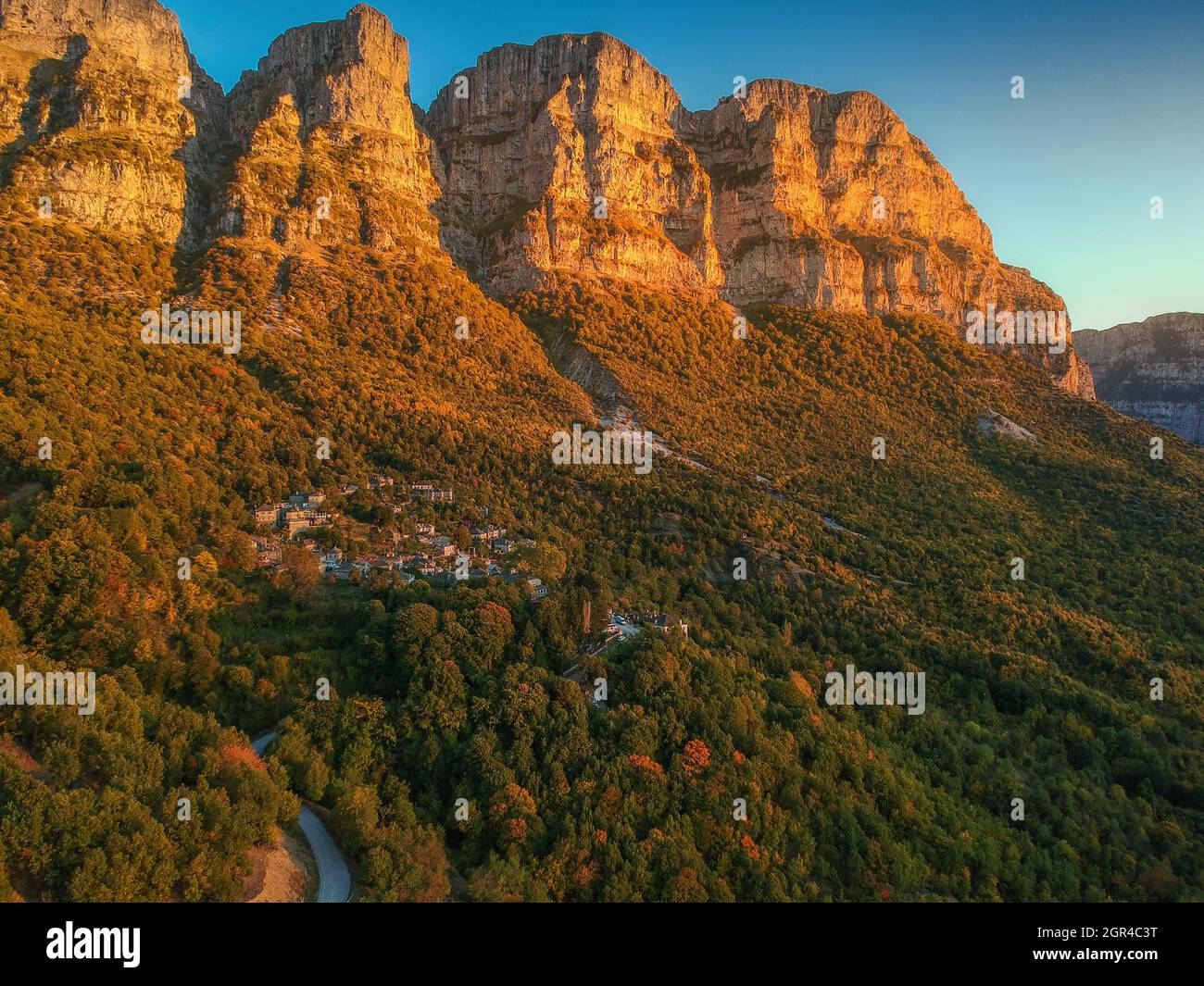 Aerial panoramic view over the picturesque village Papigo in Epirus ...