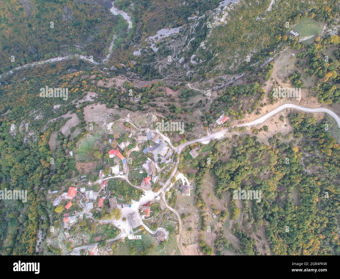 Aerial panoramic view over the picturesque village Papigo in Epirus ...