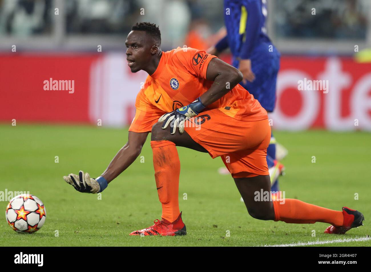 Turin, Italy. 29th Sep, 2021. Edouard Mendy of Chelsea FC rolls the ...