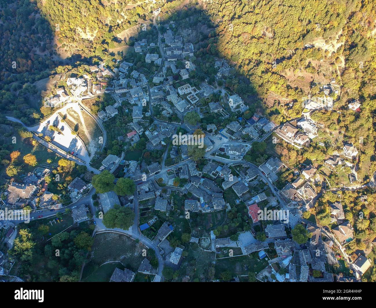 Aerial panoramic view over the picturesque village Papigo in Epirus ...