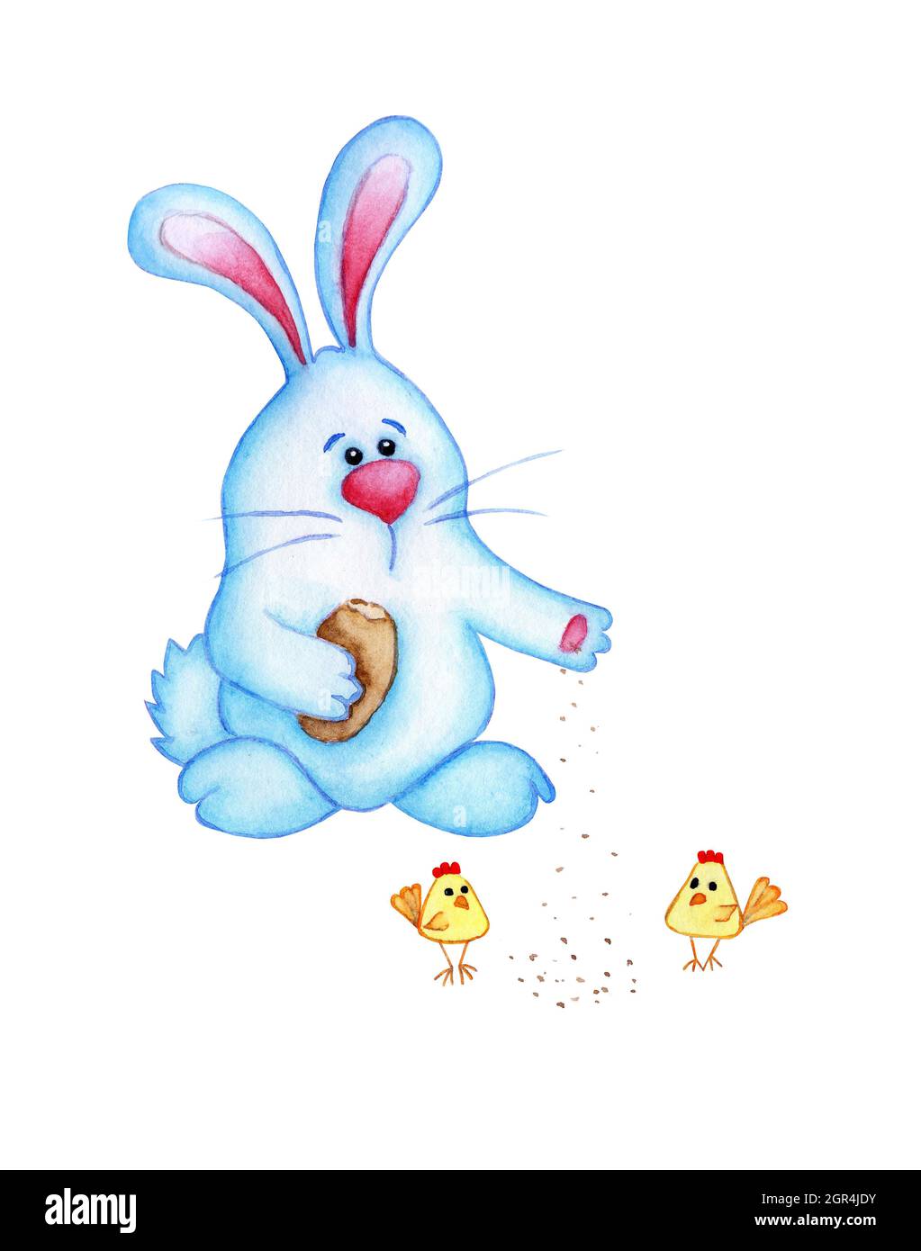 Watercolor illustration of a cute blue Easter bunny loaf feeding ...