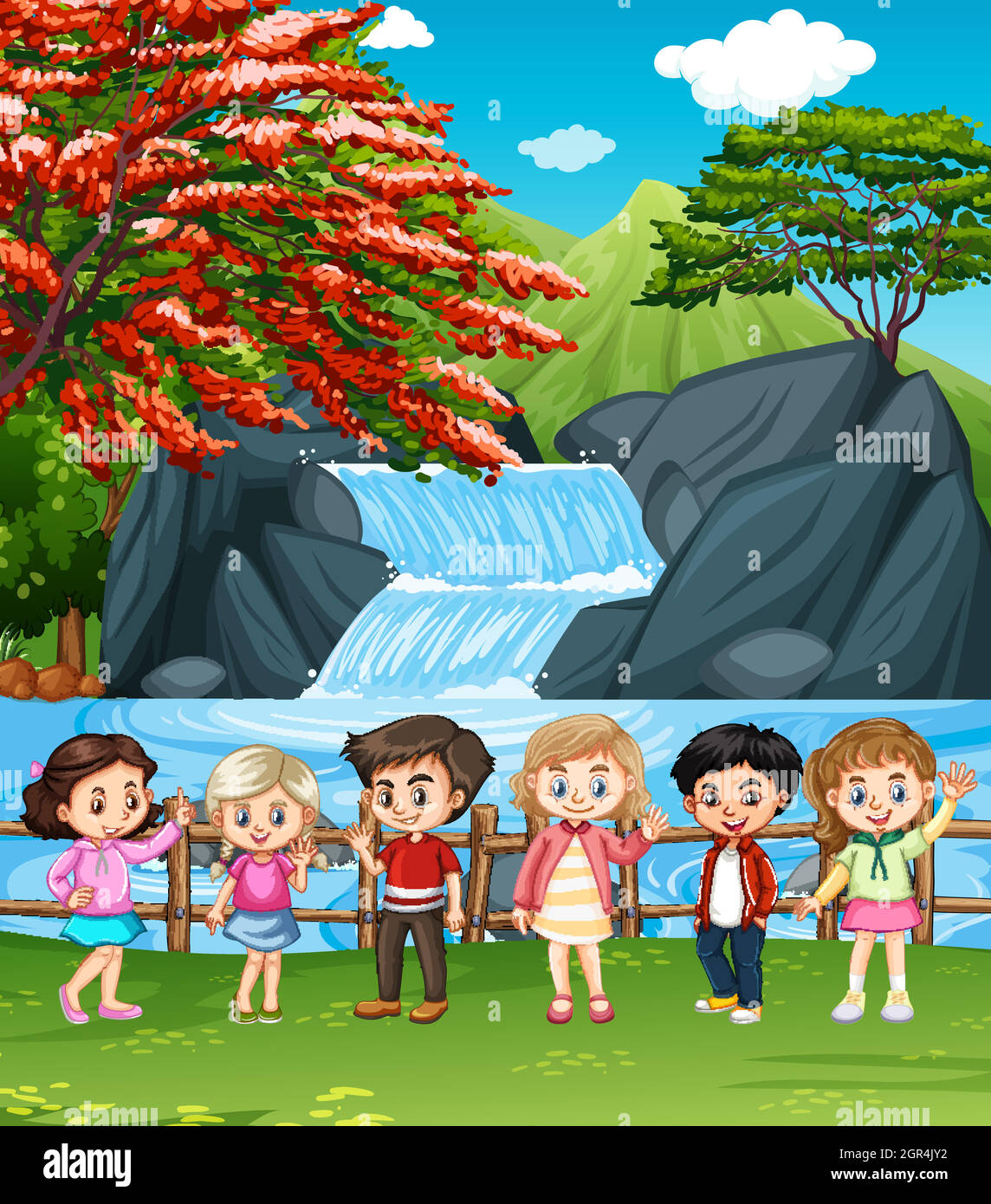 Waterfall scene with many children Stock Vector Image & Art - Alamy
