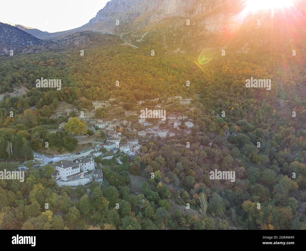 Aerial panoramic view over the picturesque village Papigo in Epirus ...