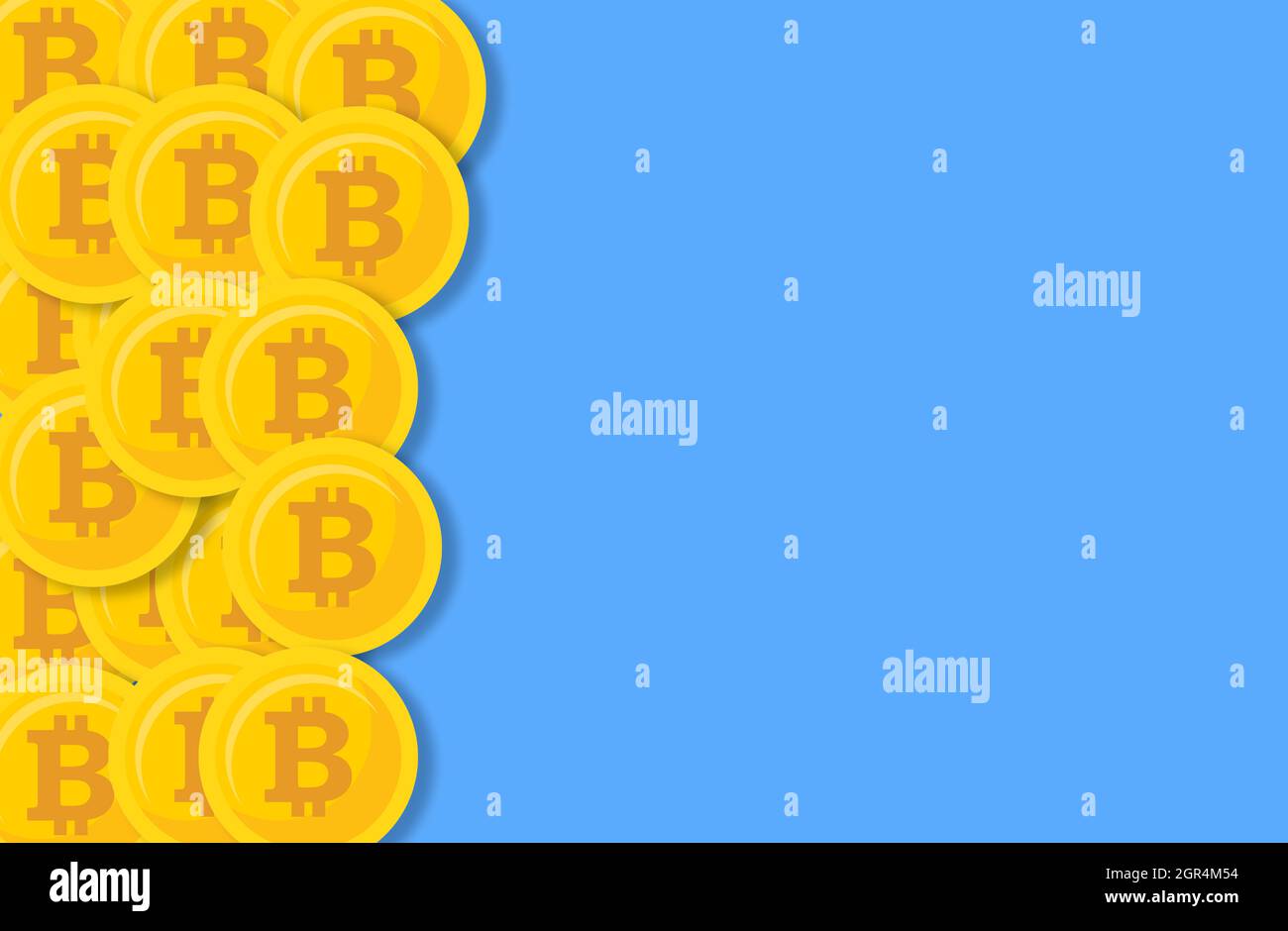 Illustration of golden bitcoins on a blue background with copyspace ...