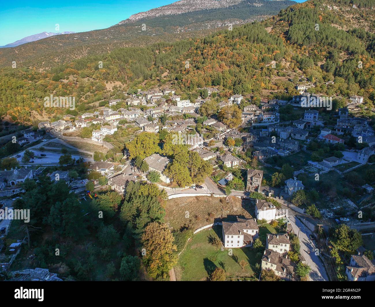 Aerial panoramic view over the picturesque village Papigo in Epirus ...