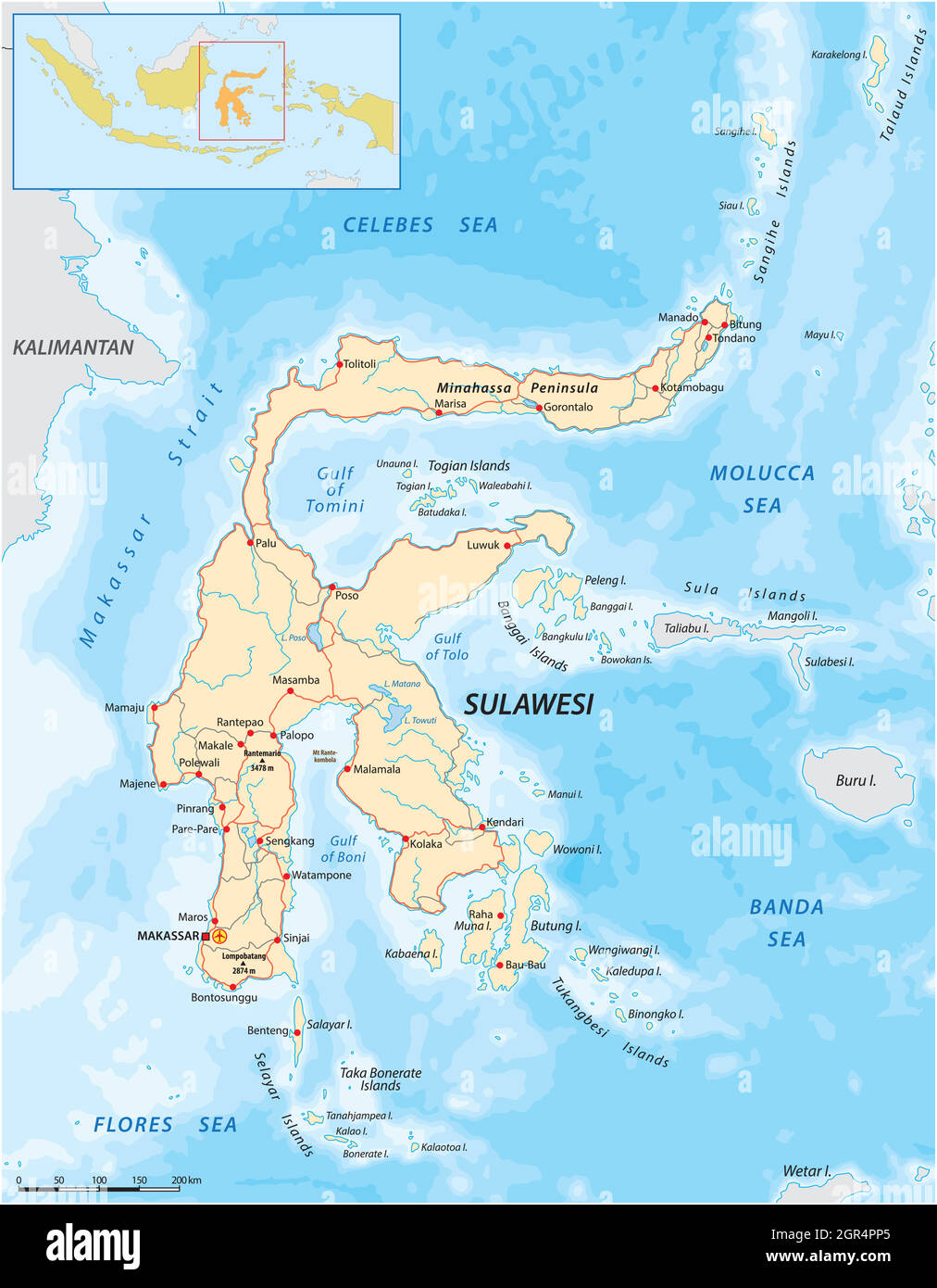 Vector road map of the Greater Sunda Island Sulawesi, Indonesia Stock ...