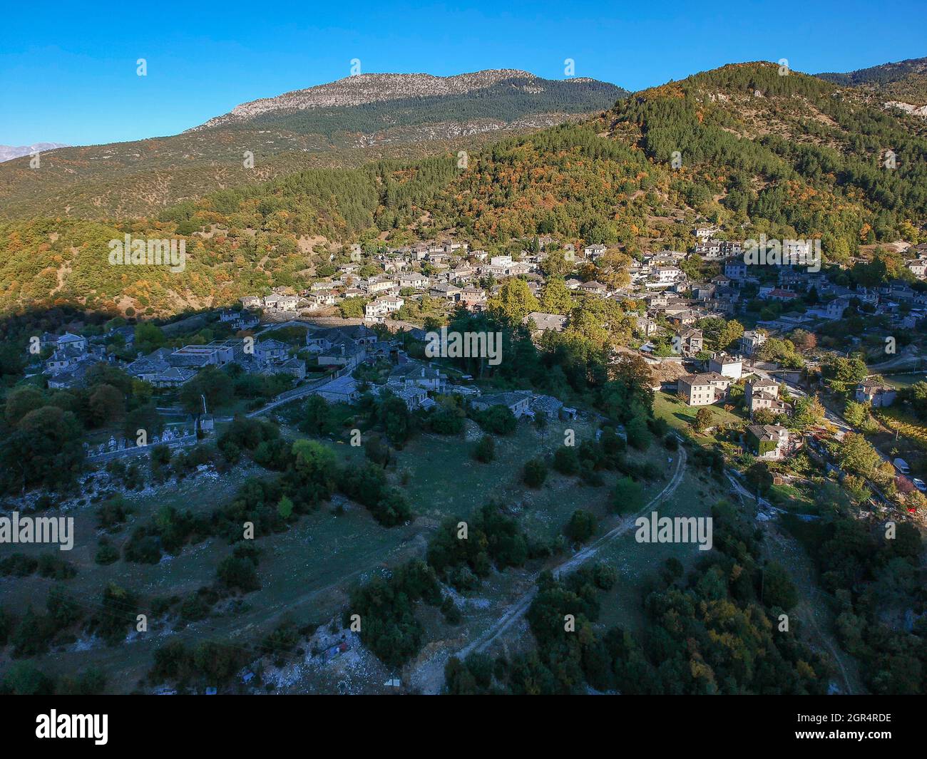 Aerial panoramic view over the picturesque village Papigo in Epirus ...