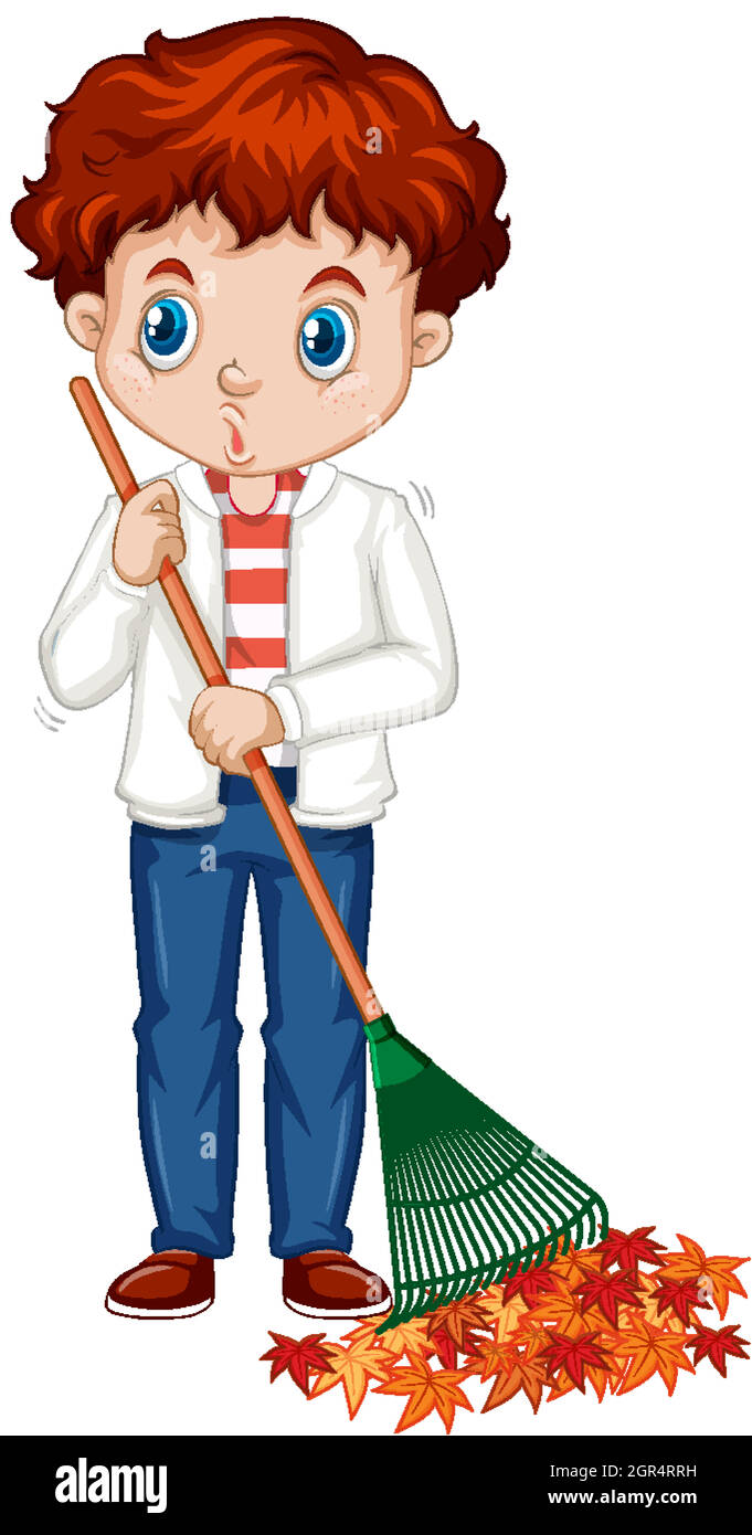 Boy raking leaves on white background Stock Vector Image & Art - Alamy
