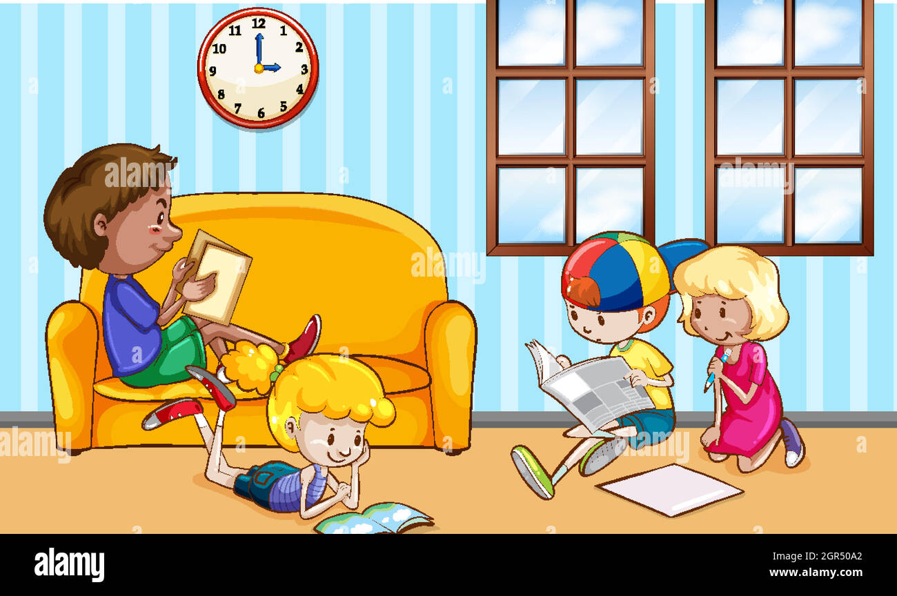 Scene with many children reading books at home Stock Vector Image & Art ...