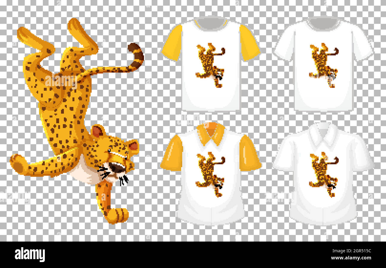 Set of different shirts with leopard dancing cartoon character isolated ...