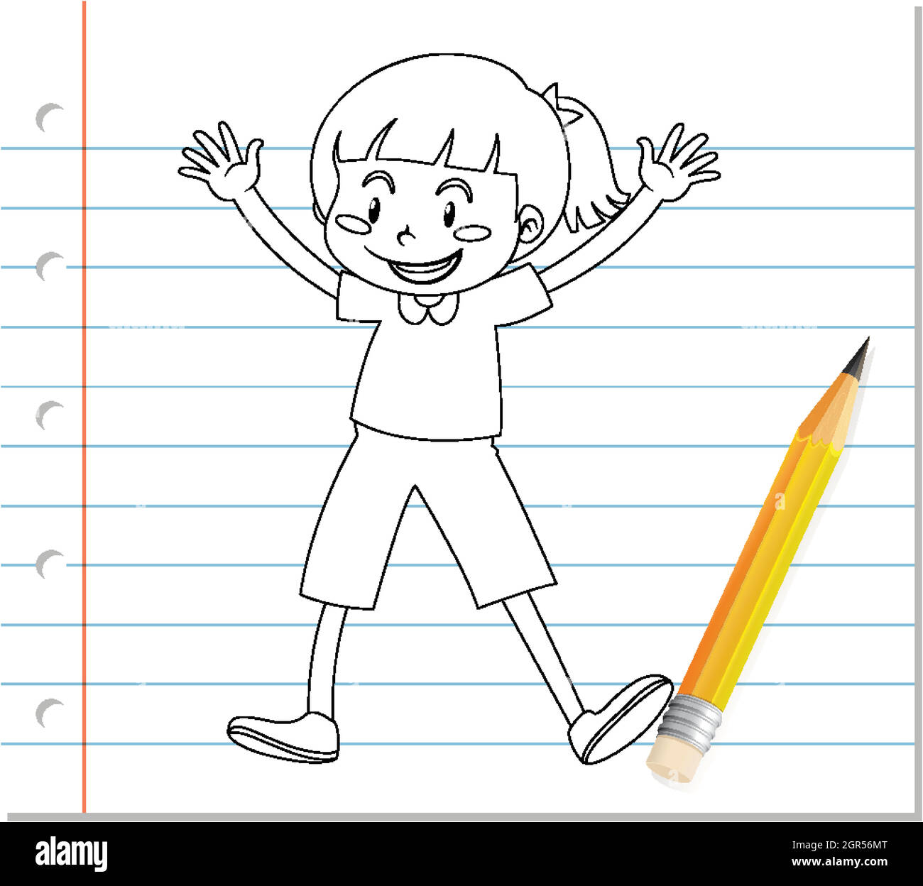 Hand writing of cute girl with gleeful posing outline Stock Vector ...