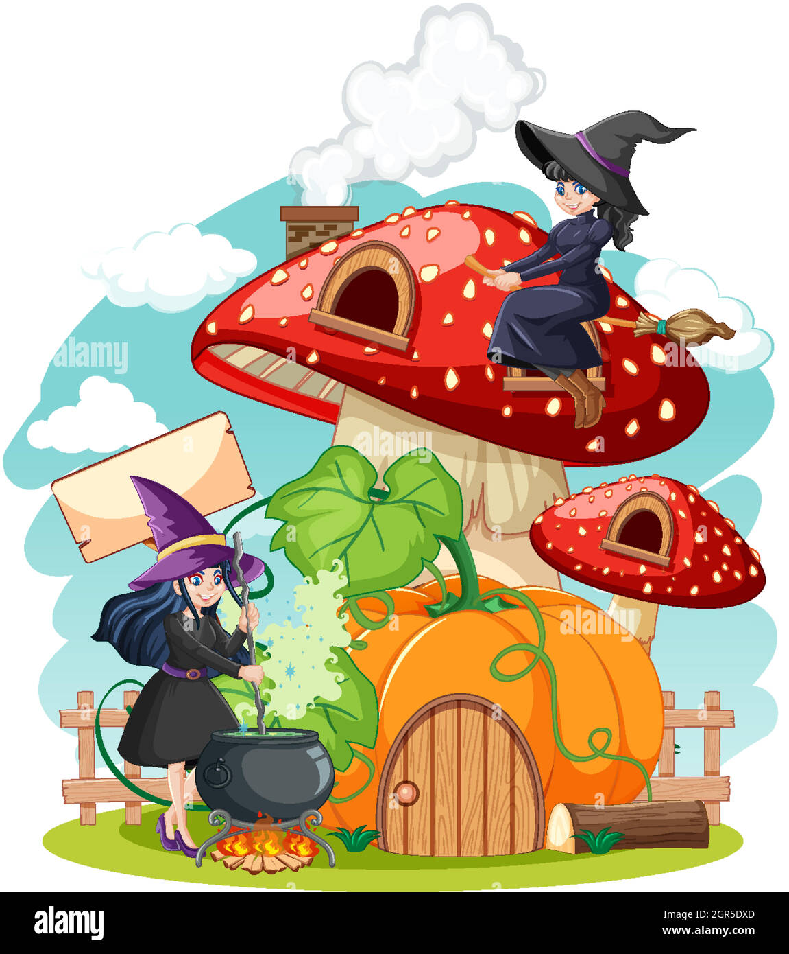 Mushroom house with witches cartoon style isolated on with background ...