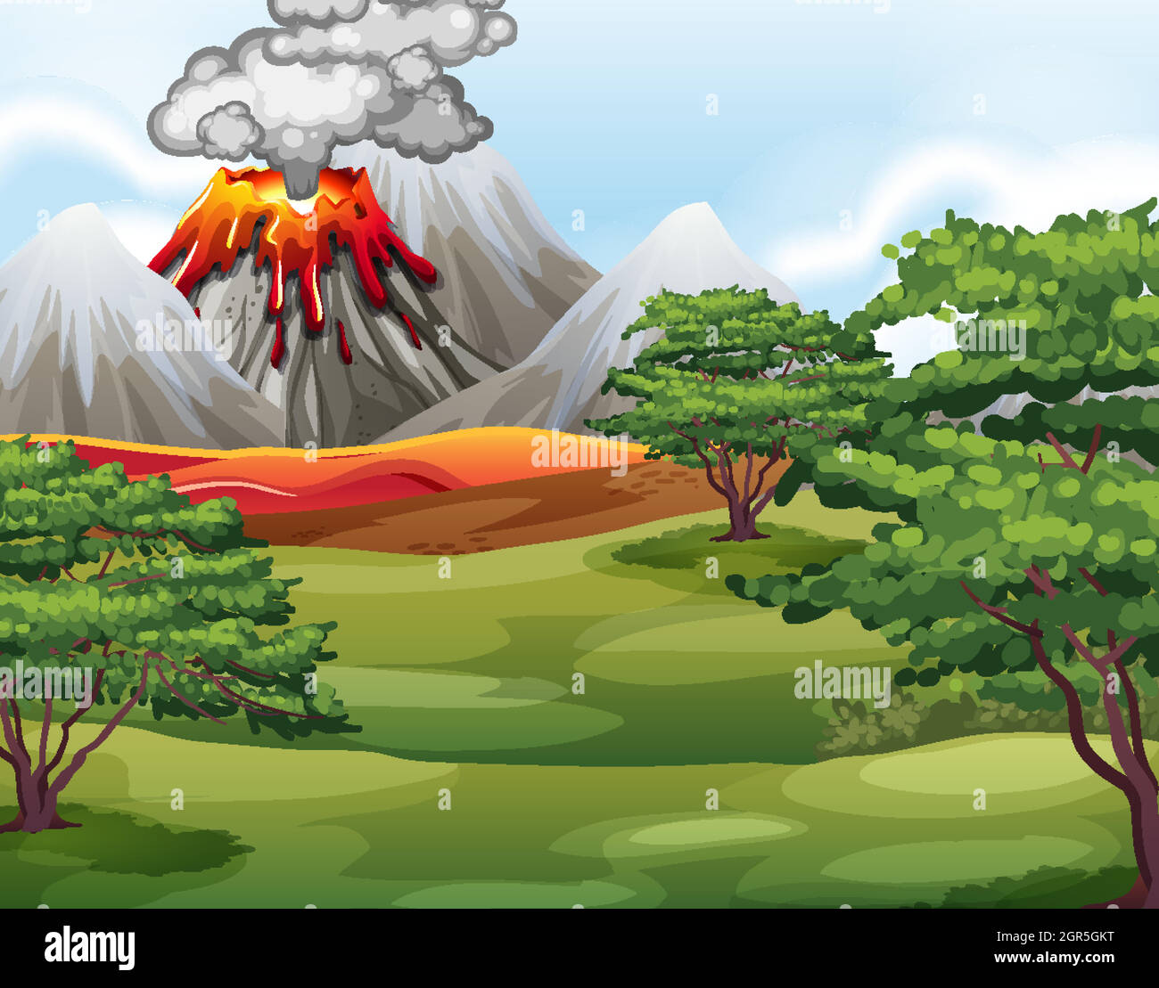 Volcano eruption in nature forest scene at daytime Stock Vector Image ...