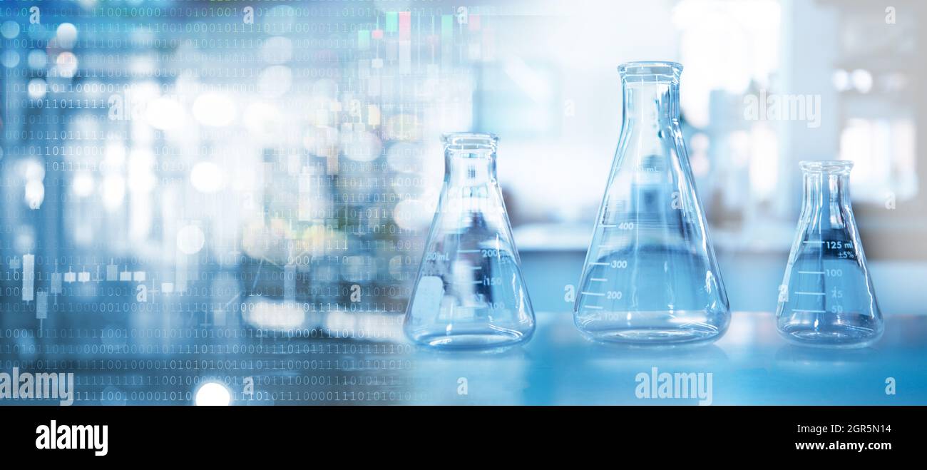 clear glass three flask in chemistry science research lab white blue ...