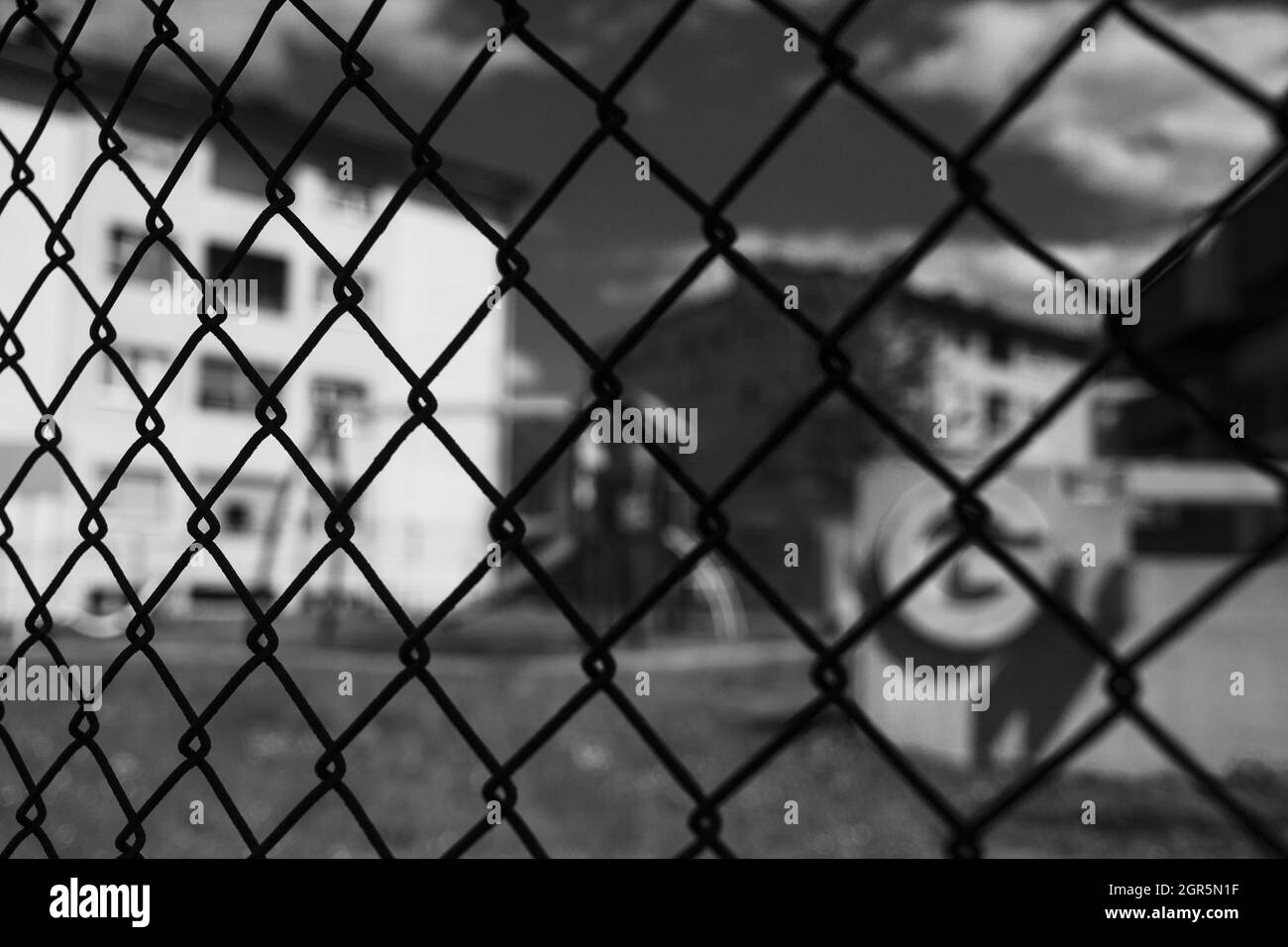 Selective of a diamond shape grid fence in the yard Stock Photo - Alamy