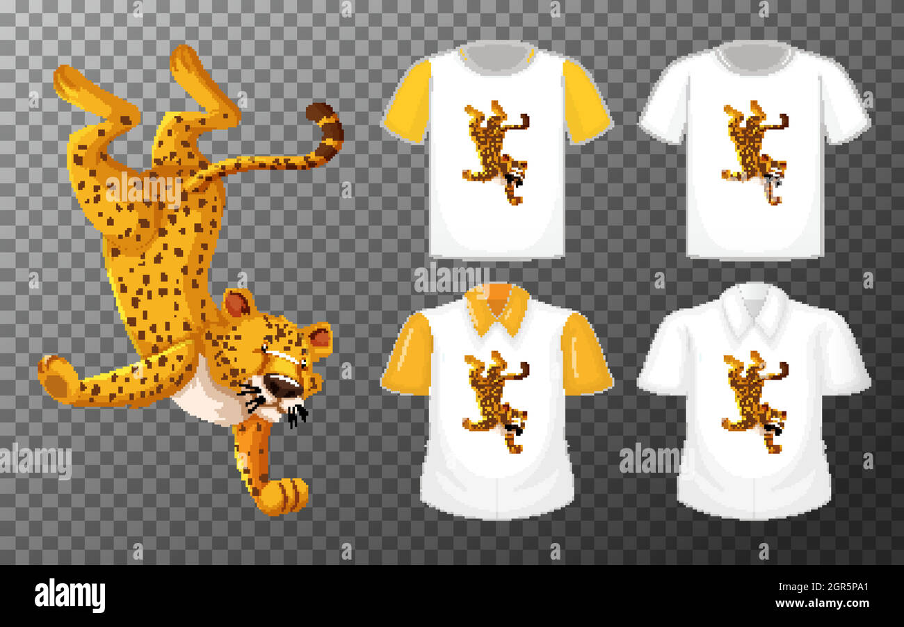 Leopard in dancing position cartoon character with many types of shirts ...