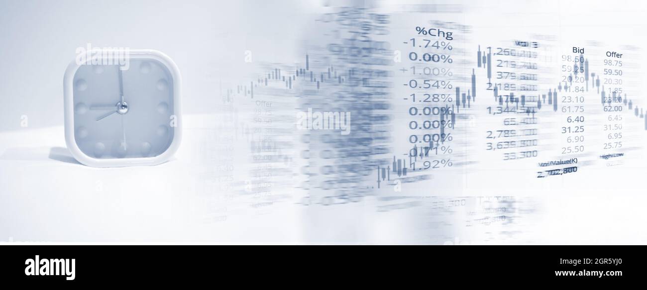 white clock with index and graph of stock market banner time business ...