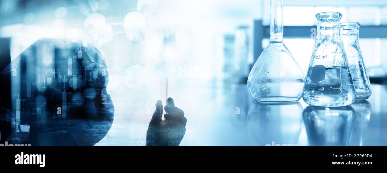 shadow of scientist and glass flask with soft information and chemistry ...