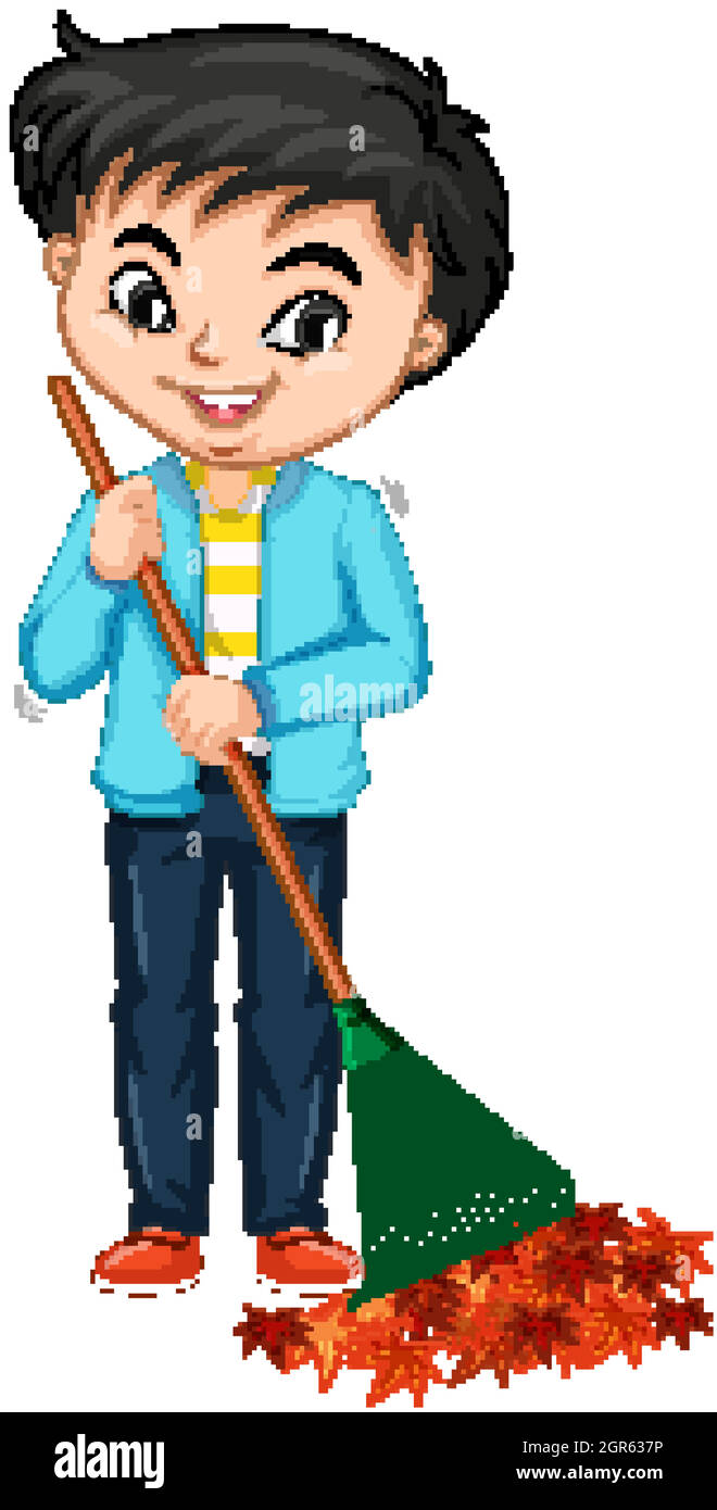 Boy raking leaves on isolated background Stock Vector Image & Art - Alamy