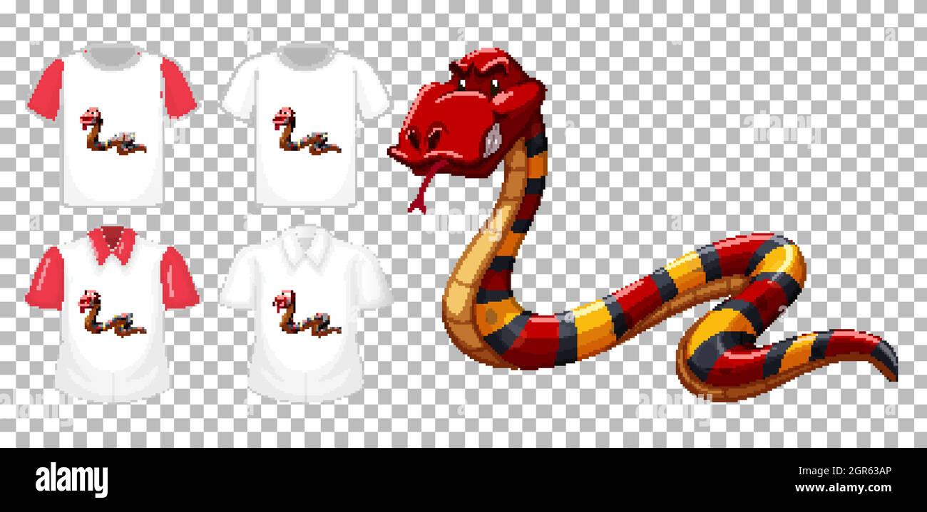 Red snake cartoon character with many types of shirts on transparent ...