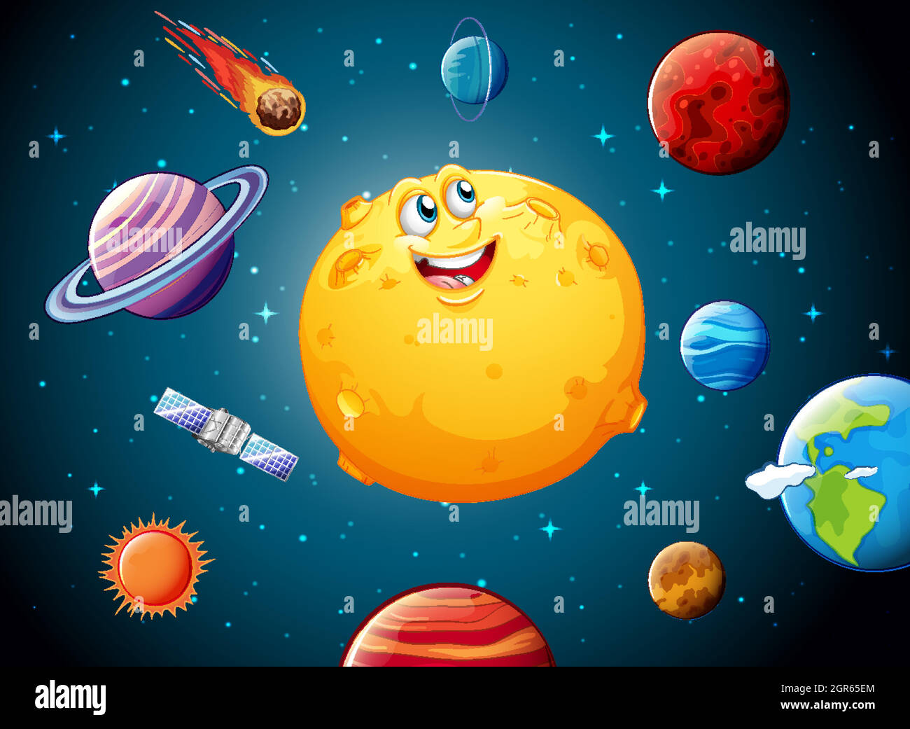 Moon with happy face on space galaxy theme background Stock Vector ...