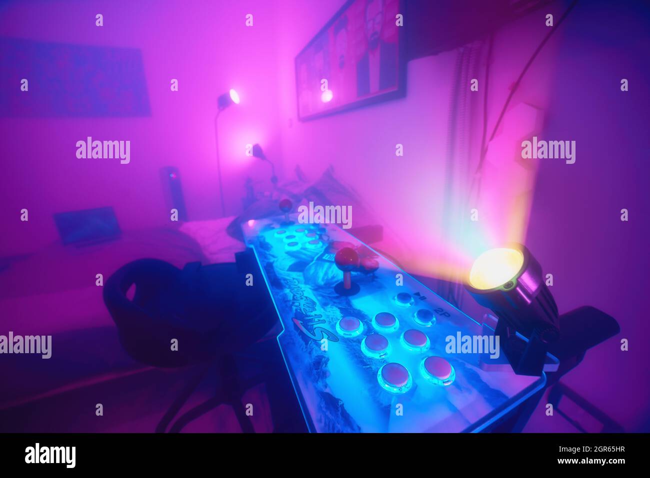 Close up shot of the interior design of a room with colorful lights ...