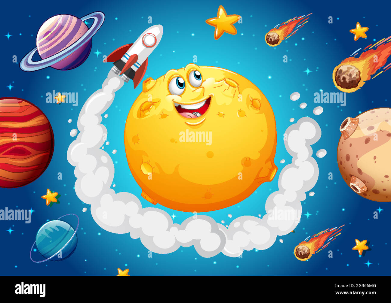 Moon with happy face on space galaxy theme background Stock Vector ...