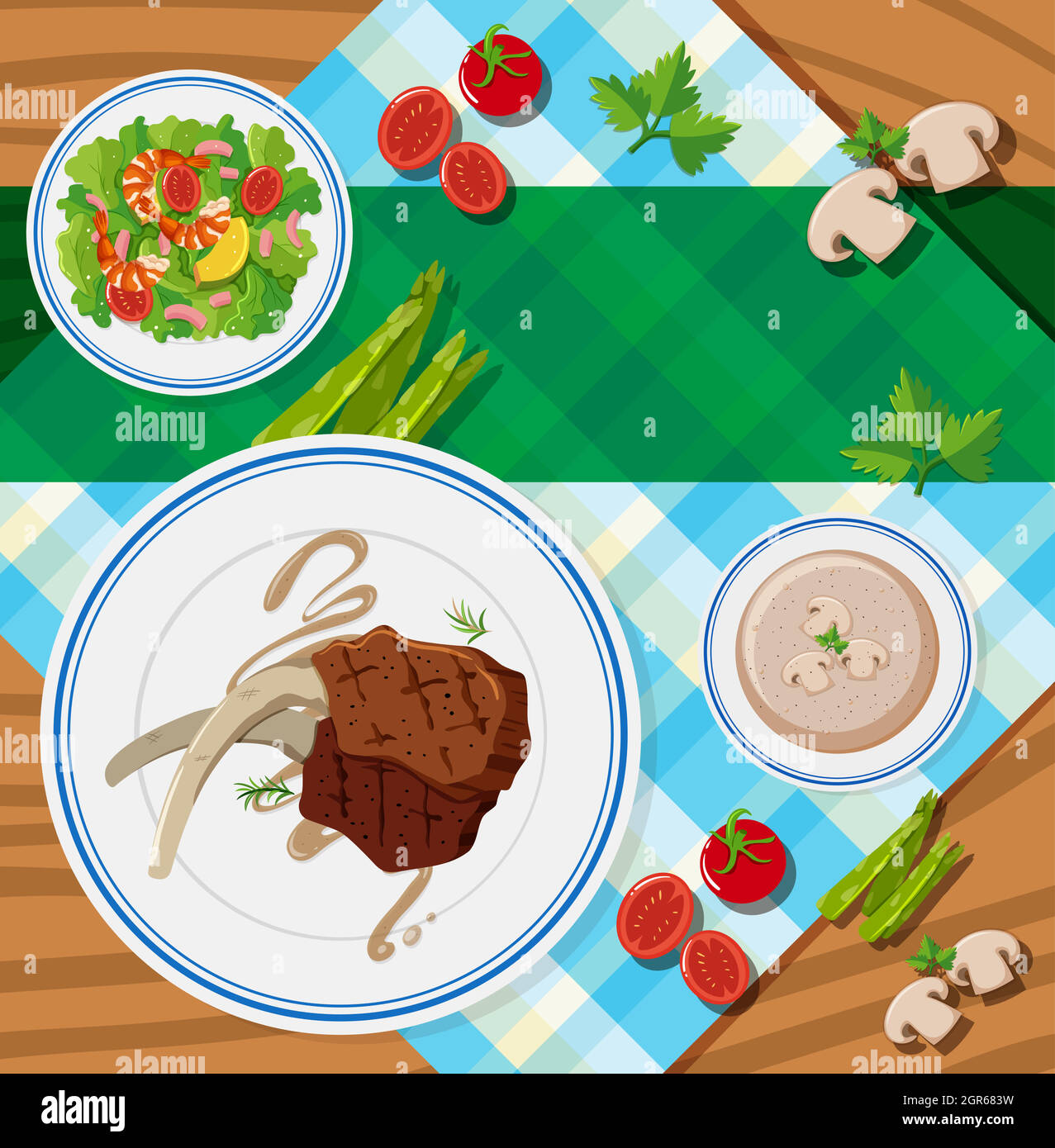 Table scene with steaks and salad Stock Vector Image & Art - Alamy