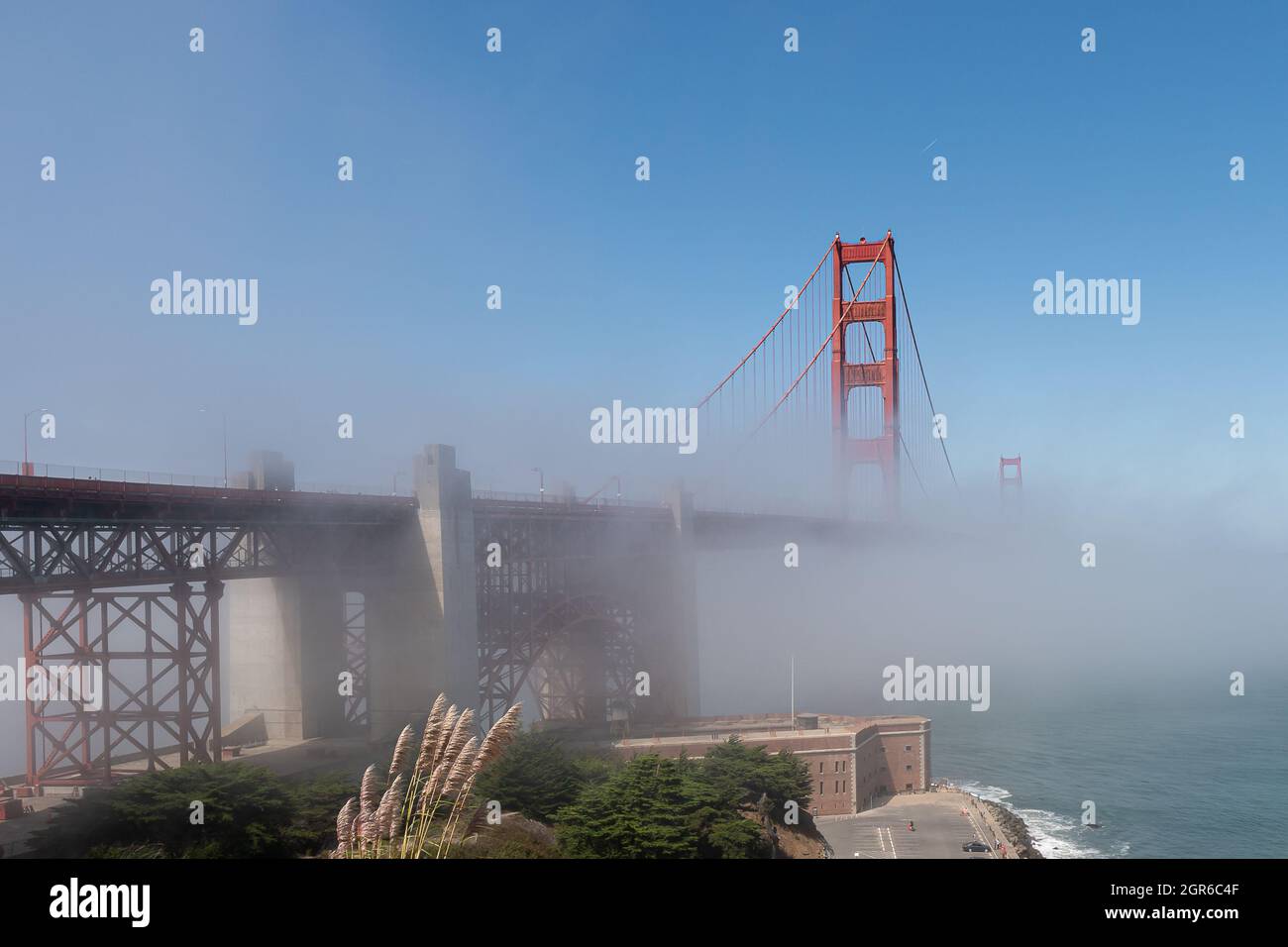 Beautiful view of the Golden Gate Bridge Presidio USA covered in mist ...