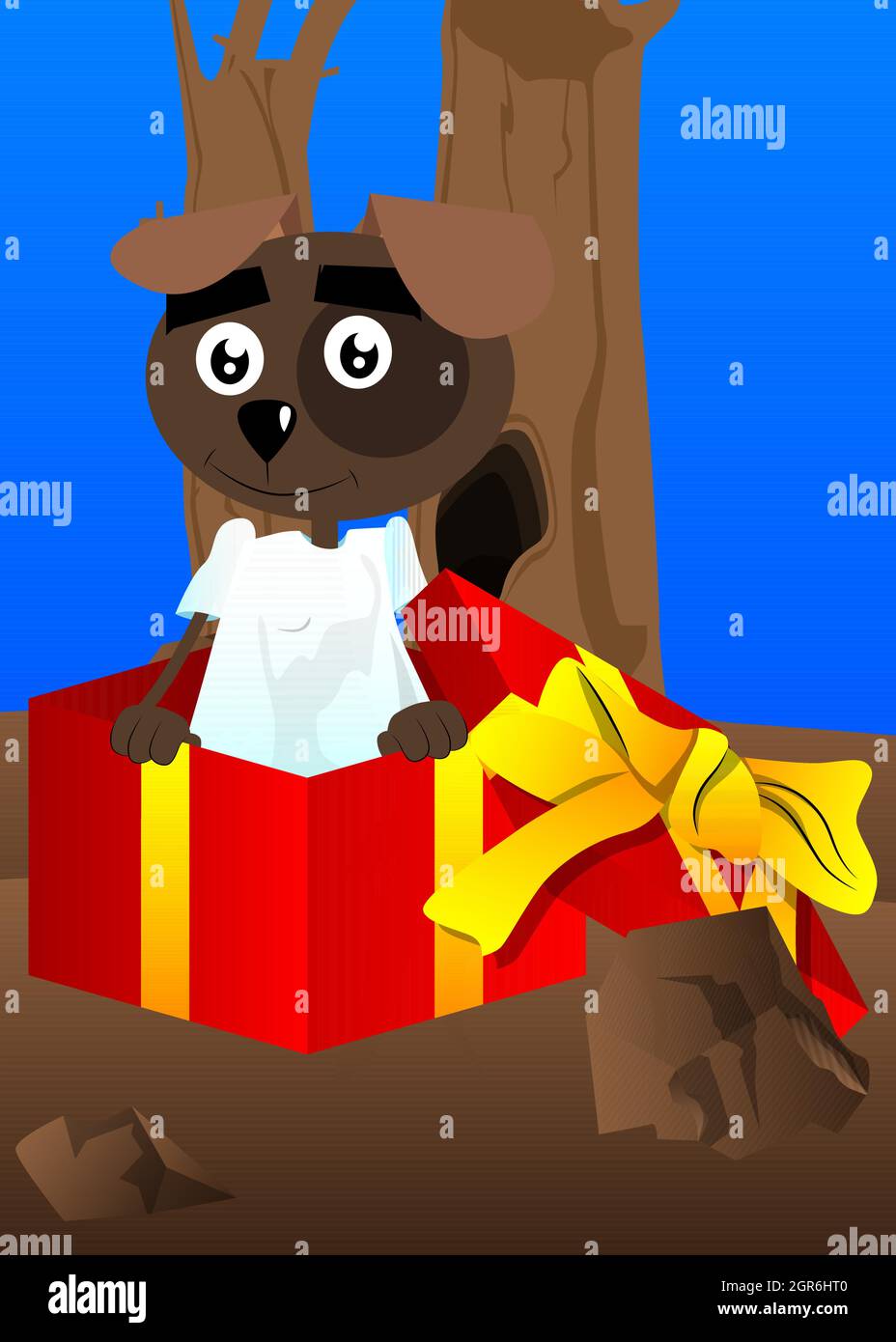 Funny cartoon dog in a gift box. Vector illustration. Celebrating ...