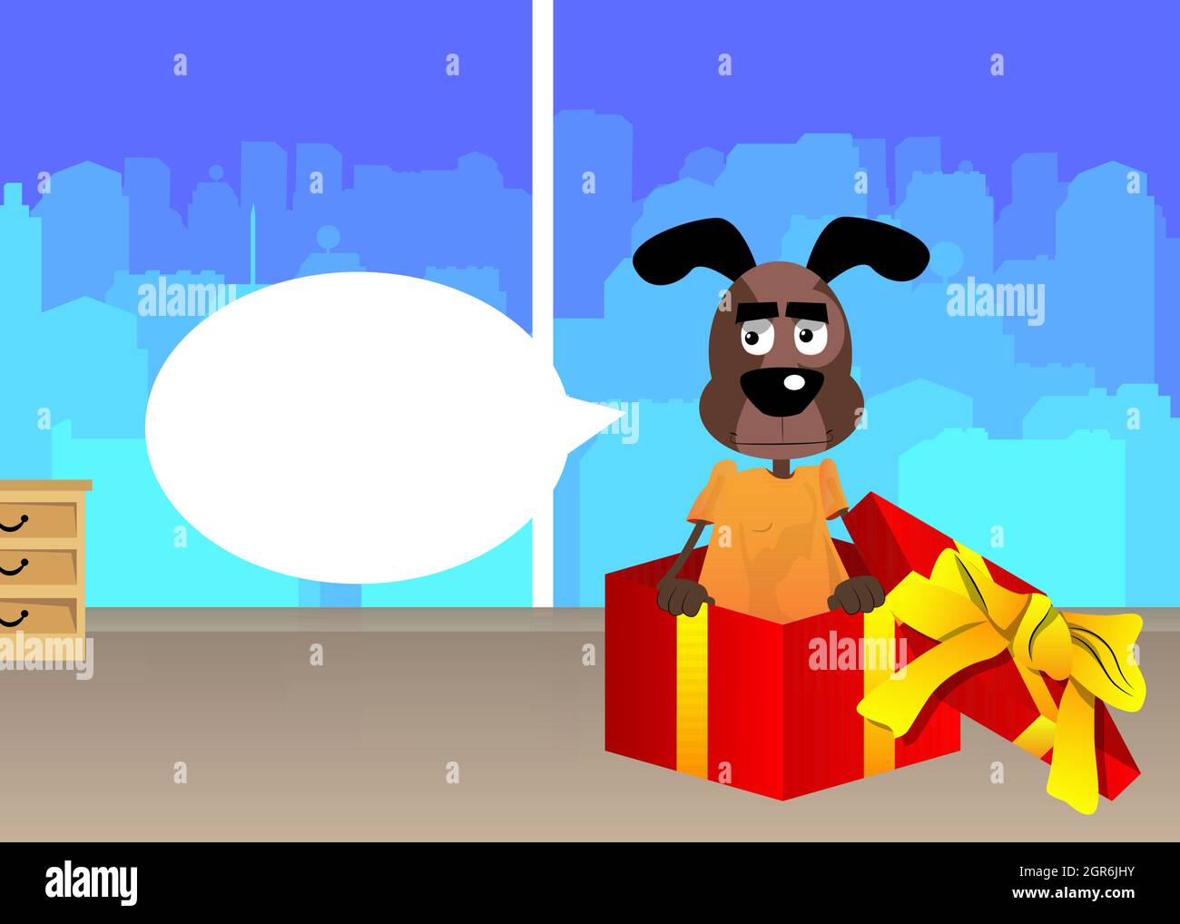Funny cartoon dog in a gift box. Vector illustration. Celebrating ...