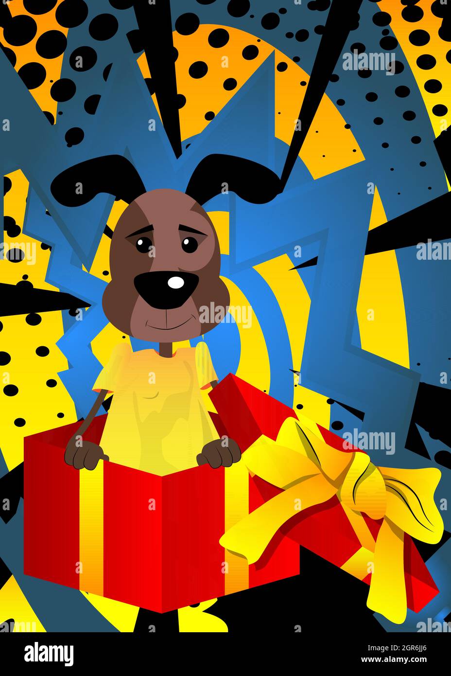 Funny cartoon dog in a gift box. Vector illustration. Celebrating ...